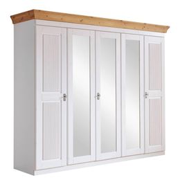 Pharao24.de Schrank Holz Massivholzkleiderschrank mit Spiegel T&uuml;ren in Wei&szlig; aus Spiegelglas 253x210x64 cm Pharao24