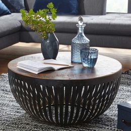 Pharao24.de Design Wohnzimmertisch in Trommelform Eisen und Recyclingholz