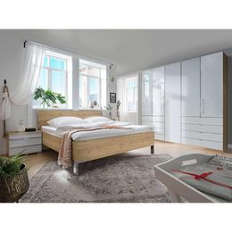Pharao24.de Schlafzimmer Set in Wei&szlig; mit Glas beschichtet Eiche Bianco (vierteilig)