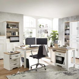 Pharao24.de Schreibtisch Set im Landhausstil Wei&szlig; & Eichefarben (dreiteilig)