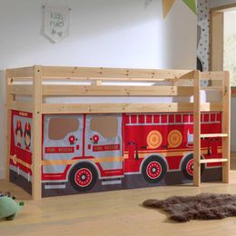 Pharao24.de Halbhochbett mit Vorhang Set Feuerwehr Motiv Kiefer Massivholz