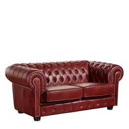 Pharao24.de Chesterfield Zweisitzer Sofa in Dunkelrot Echtleder mit Zierkn&ouml;pfen