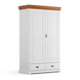 Pharao24.de Kleiderschrank Massivholz Schlafzimmerkleiderschrank im Landhausstil 218 cm hoch in Wei&szlig; 132x218x58 cm Pharao24