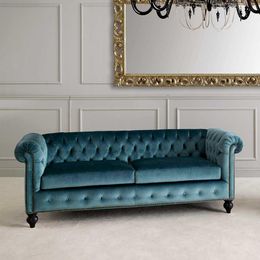Pharao24.de Chesterfield Samt Sofa in Petrol 52 cm Sitzh&ouml;he