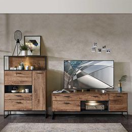Pharao24.de Wohnzimmer Anbauwand im Loft Design Eiche dunkel Optik und Dunkelgrau (zweiteilig)