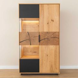 Pharao24.de Highboard Wohnzimmer Highboard mit LED Beleuchtung und Glast&uuml;r aus Eiche Massivholz 83x147x39 cm Pharao24