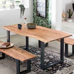 Pharao24.de Baumkanten Esstisch aus Akazie Massivholz und Stahl Loft Design