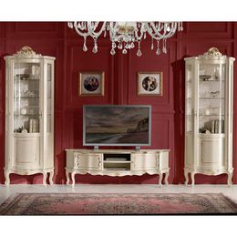 Pharao24.de Wohnzimmer Anbauwand im Barockstil Wei&szlig; und Goldfarben verziert (dreiteilig)