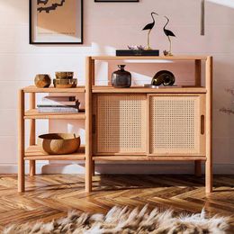 Pharao24.de Massivholzregal mit Schiebet&uuml;ren und Rattan Geflecht 120 cm breit
