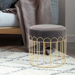 Pharao24.de Retro Hocker in Grau Samt Drahtgestell in Goldfarben