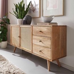 Pharao24.de Massivholz Sideboard aus Mangobaum und Rattan Skandi Design