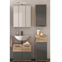 Pharao24.de Waschplatz Set in Wildeichefarben und Grau inklusive Spiegelschrank (vierteilig)