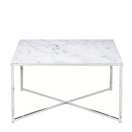 Pharao24.de Glas Couchtisch in Wei&szlig; und Chrom Platte Marmoroptik