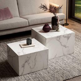 Pharao24.de Beistelltische Sofa in wei&szlig;er Marmor Optik quadratischer Tischplatte (zweiteilig)