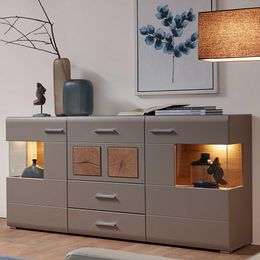 Pharao24.de Wohnzimmer Sideboard in Grau und Eiche Optik LED Beleuchtung