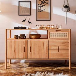 Pharao24.de Wohnzimmer Kommode mit Rattan aus Wildbuche Massivholz 86 cm hoch