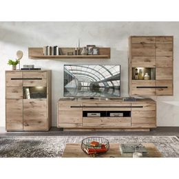 Pharao24.de Wohnzimmerwand modern 4-teilig in Wildeichefarben LED Beleuchtung (vierteilig)