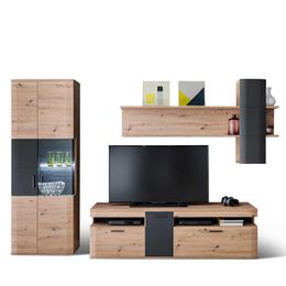 Pharao24.de Design Anbauwand in Anthrazit und Eichefarben 290 cm breit (dreiteilig)