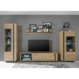 Pharao24.de Design Wohnwand in Wildeiche Optik und Dunkelgrau 320 cm breit (vierteilig)