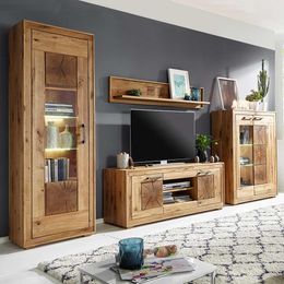 Pharao24.de Wohnzimmer Anbauwand aus Wildeiche Massivholz rustikalen Look (vierteilig) Pharao24