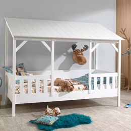 Pharao24.de Kinderzimmerbett in Wei&szlig; Kiefer teilmassiv Dach