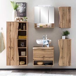 Pharao24.de Badm&ouml;bel Set Wildeiche Holzoptik mit Baumkante Landhausstil (f&uuml;nfteilig) aus MDF in Wildeichefarben Pharao24
