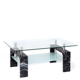 Pharao24.de Couchtisch mit Glasplatte - Vierfu&szlig;gestell Marmor Optik Schwarz