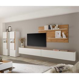 Pharao24.de Wohnzimmerwand modern in Wildeichefarben und Wei&szlig; melaminbeschichtet (f&uuml;nfteilig)