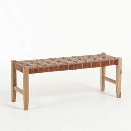 Pharao24.de Holzbank mit brauner Sitzfl&auml;che aus Echtleder 120 cm breit (2er Set)