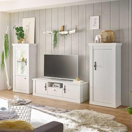 Pharao24.de Schrankwand Wohnzimmer TV Wohnwand in Pinie wei&szlig; im Skandi Design (dreiteilig)