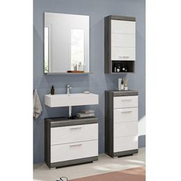 Pharao24.de Badezimmerm&ouml;bel Set modern Rauchgrau Holzoptik Hochglanz wei&szlig; (vierteilig)
