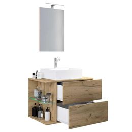 Pharao24.de Waschplatz Set Holzoptik f&uuml;r die Wandmontage LED Beleuchtung (zweiteilig)