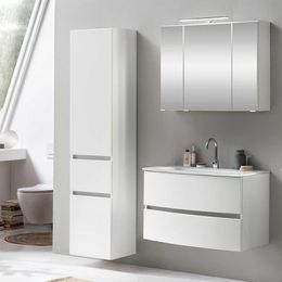 Pharao24.de Wei&szlig;e Badezimmerm&ouml;bel 120 cm breit LED Beleuchtung (dreiteilig)