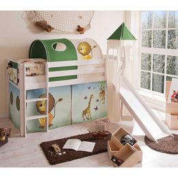Pharao24.de Zootier Design Kinderbett in Wei&szlig; Kiefer massiv Rutsche und Tunnel