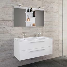 Pharao24.de Waschplatz Set weiss Hochglanz mit Doppel Waschbecken 112 cm breit (zweiteilig)