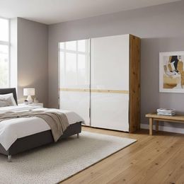 Pharao24.de Schiebet&uuml;renschrank in Beige und Eiche Bianco Glas beschichtet