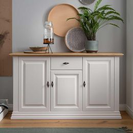 Pharao24.de Sideboard Country Stil in Wei&szlig; Eichefarben aus Eiche Massivholz 157x91x45 cm Pharao24
