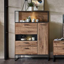 Pharao24.de Loft Design Highboard in Eiche dunkel Optik und Dunkelgrau Klappe