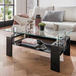 Pharao24.de Couchtisch mit Glasplatte und Vierfu&szlig;gestell Schwarz Hochglanz