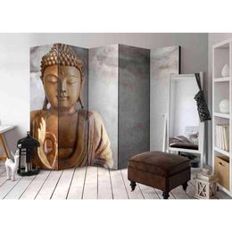 Pharao24.de 5 teiliger Paravent mit Buddha hell Grau und Braun