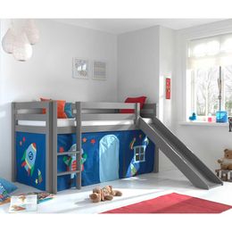 Pharao24.de Kinderzimmerbett in Grau und Blau Rutsche und Vorhang