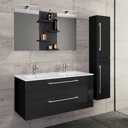 Pharao24.de Badezimmerset mit Doppelwaschbecken in Schwarz Hochglanz (dreiteilig)