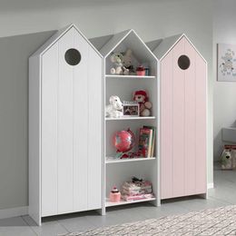 Pharao24.de M&auml;dchen Kleiderschr&auml;nke in Wei&szlig; und Rosa wei&szlig;em Regal (dreiteilig)