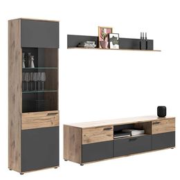 Pharao24.de Wohnzimmer Anbauwand in Wildeichefarben und Grau 200 cm hoch (dreiteilig)