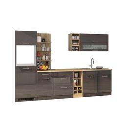 Pharao24.de Design K&uuml;chenblock in Grau hochgl&auml;nzend 300 cm breit (neunteilig)