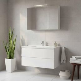 Pharao24.de Badezimmer Set mit Waschtisch und Spiegelschrank Wei&szlig; Hochglanz (zweiteilig)