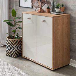 Pharao24.de Garderoben Kommode in Beige Glas beschichtet und Eiche zwei T&uuml;ren
