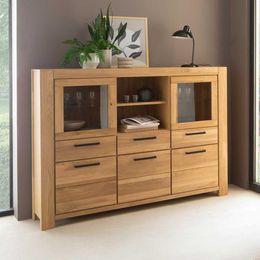 Pharao24.de Highboard Anrichte in Wildeichefarben mit Glast&uuml;ren aus teilmassiv (Holzwerkstoff und Massivholz) 172x140x45 cm Pharao24
