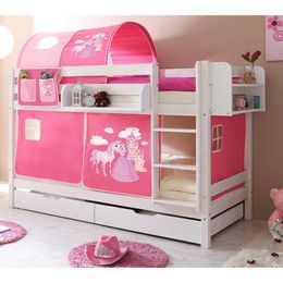 Pharao24.de Kinderhochbett aus Kiefer Massivholz in Wei&szlig; Webstoff in Rosa und Pink