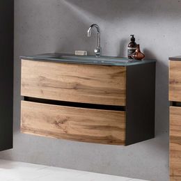 Pharao24.de Bad Waschtisch in Wildeichefarben und Dunkelgrau 80 cm breit aus MDF 80x53x49 cm Pharao24